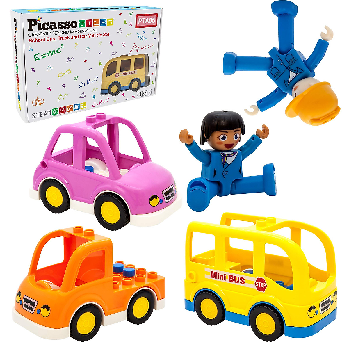 PicassoTiles Magnetic Figures 5 Piece Vehicle and Action Figure Set Including School Bus, Car, Truck and 2 Drivers Magnet Expansion Pack Toddler Toy Kit Pretend Playset for Construction Building Block