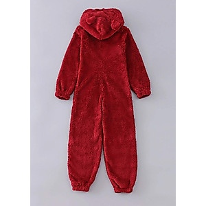chouyatou Women's Ultra Comfy Lounge Furry Sherpa Romper Onesie Pajamas Cute Ear Hood (Medium, Red)