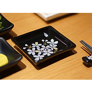 Cinf Ceramic Japanese Cherry Blossom Salad Sauce Rectangular Sushi Dish Set of 4 Plates Black Snack Bowls Appetizer Seasoning Serving for Kitchen Home