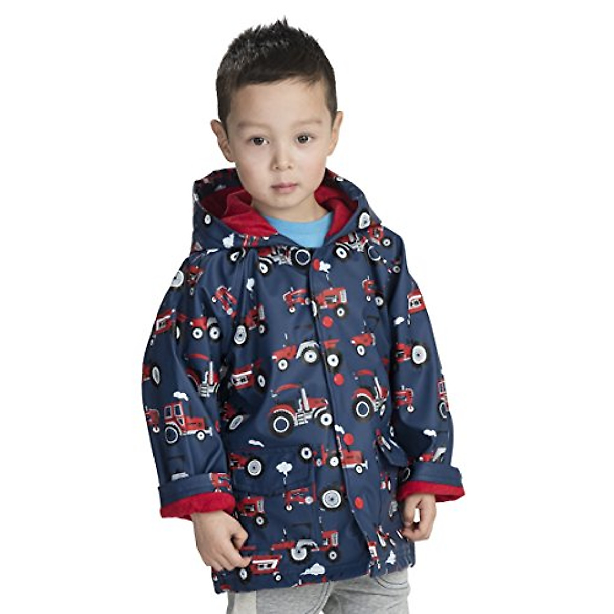 Hatley Boys' Little Button-Up Printed Rain Jacket, Red Farm Tractors, 4 Years