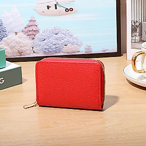 PEIQICHU Red Credit Card Holder 14 Slots Soft PU Leather Card Case Card Protector Metal Zipper With Keychain Men & Women RFID Blocking Small Wallet for ID Card Credit Cards