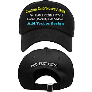 Custom Embroidered Hats Baseball Caps, Trucker, Flexfit, Fitted, Ponytail, Beanies, Kids, Bucket Front & Back (Dad Hat -Black)