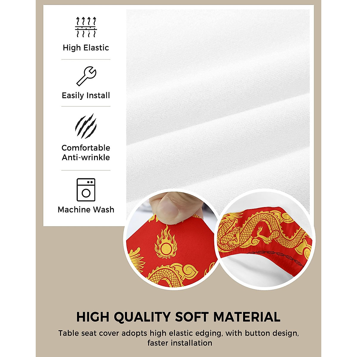 Oriental Dragon Chair Seat Covers for Dining Room Stretch Chair Seat Covers Set of 2, Chair Seat Protector Cushion Slipcovers for Kitchen Restaurant Office Traditional Chinese Happy New Year Red