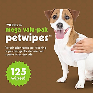 Petkin Mega Val-Pak Pet Wipes, 125 Wipes - Oatmeal Pet Wipes for Dogs and Cats - for Face, Paws, Ears, Body and Eye Area - Super Convenient Dog Cleaning Wipes, Ideal for Home or Travel - Easy to Use