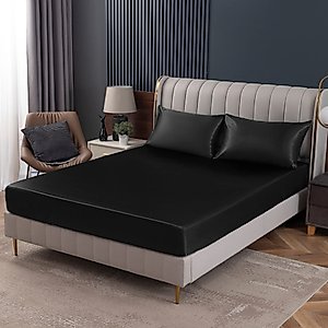 Homiest Black Satin Fitted Sheet Full Size Fitted Bed Sheet, Deep Pocket Fitted Sheet Only, Luxury & Ultra Soft Bedding Fitted Sheet Single Bottom Bed Sheets Sold Separately