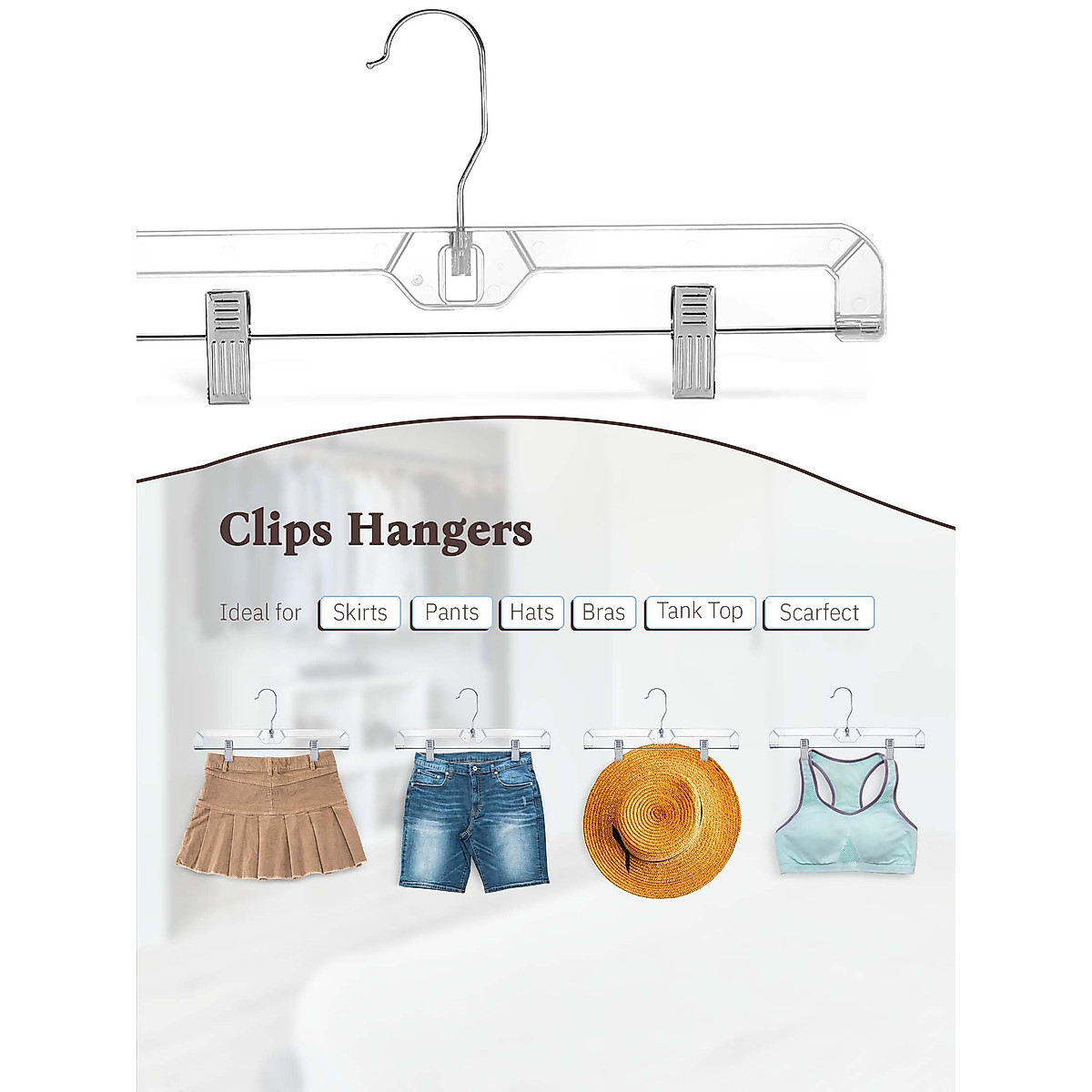 HOUSE DAY Clear Skirt Hangers with Clips, Non-Slip Plastic Pant Hangers with Adjustable Clips, Slim Clip Hangers for Pants, Skirts, Shorts, 14" Clear Hangers 10 Pack, 360-Rotating Swivel Hook