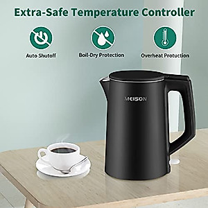 MEISON Electric Kettle, 1.7 L Double Wall Food Grade Stainless Steel Interior Water Boiler, Coffee Pot & Tea Kettle, Auto Shut-Off and Boil-Dry Protection, 1200W, 2 Year Warranty(Black)