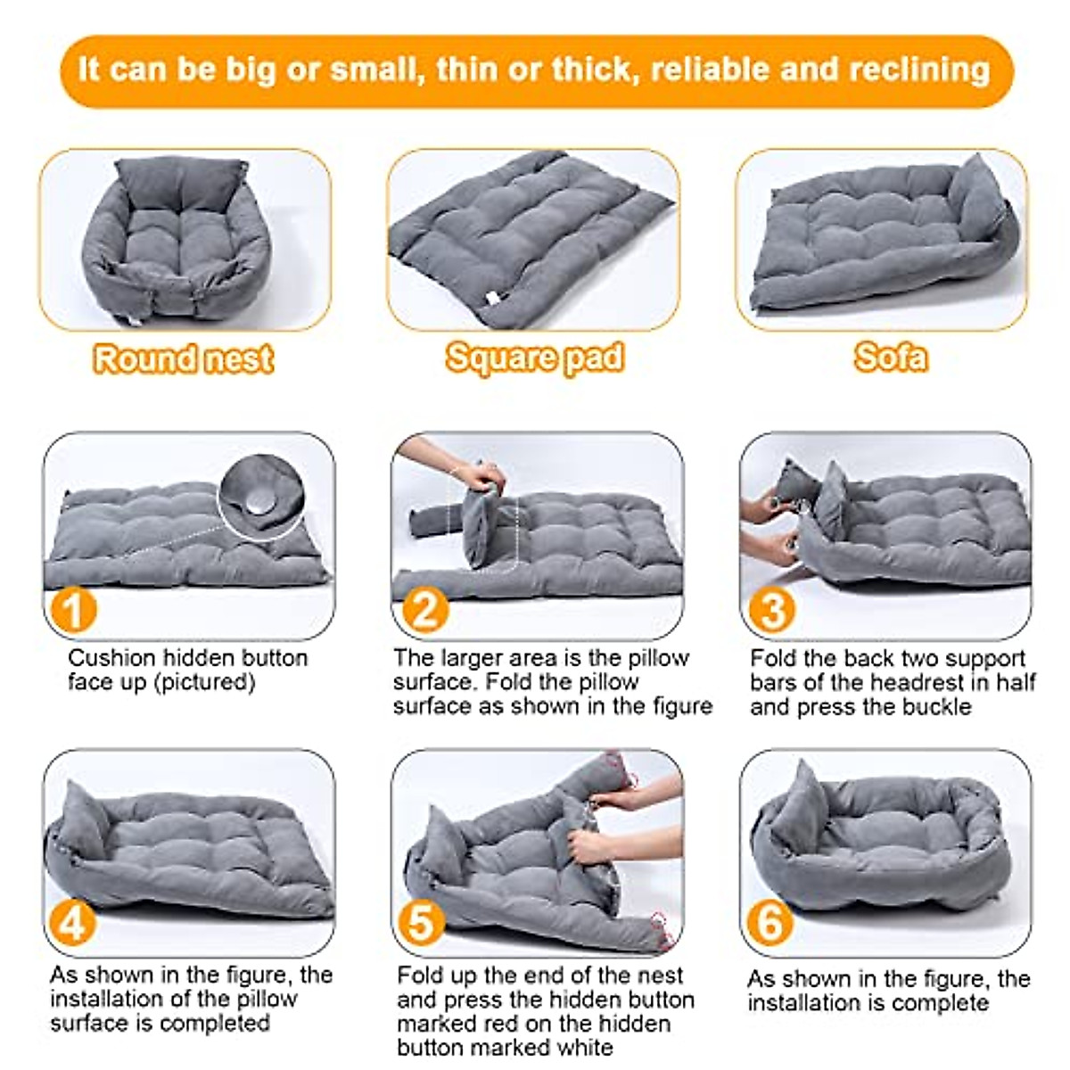 PStarDMoon Bunny Bed for Small Animals with 2 Pee Pad, Machine Washable Sleeping Rabbit Sofa Bed Bottom Breathable Soft Bunny Bed for Cats Kittens Rabbits Bunny Guinea Pigs Kitty (Grey, Style 1)