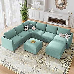 HONBAY Reversible Sectional Sofa Modular Couch U Shaped Sectional Sleeper Sofa with Storage Seats Oversized Sectional Sofa with Wide Chaise for Living Room, Aqua Blue