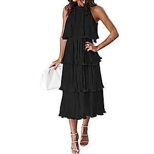 ZESICA Women's 2023 Summer Sleeveless Halter Neck Ruffle Tiered Layed Chiffon Flowy Swing Long Midi Dress,DarkBlack,Large