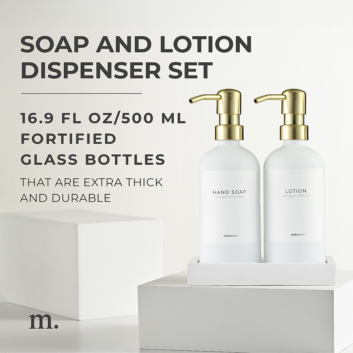 MaisoNovo Soap Dispenser 3-Piece Set | 16.9oz White Bottles with Gold Stainless Steel Pumps