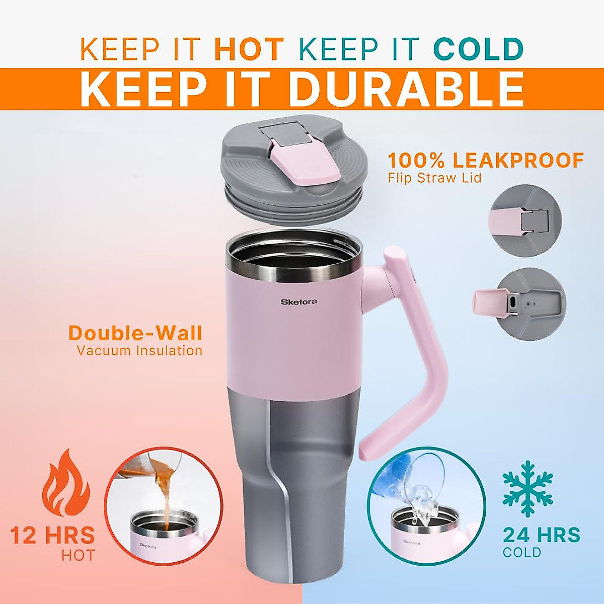 SKETORA 32oz Insulated Tumbler with Rotatable Handle and Flip Straw Lid - Stainless Steel Travel Mug for Hot & Cold Drinks, Soft Lavender