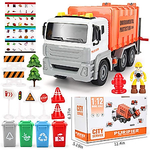 12" Garbage Truck Toys Trash Truck Dump Truck with 4 Garbage Cans, Friction Powered Truck with Sound and Light,Push and Go Pull Back Car for Boys