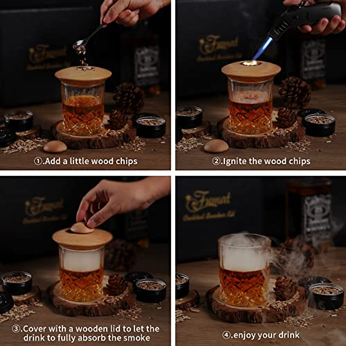 FUMAT Cocktail Smoker Kit with Torch,Smoked Old Fashioned Bourbon Whiskey Smoker Kit+PU Box,6 Flavors Wood Chips,Drink Smoker Infuser Kit, Brithday Whiskey Gifts for Men Dad