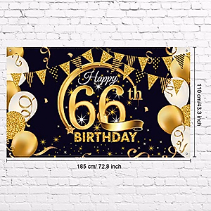 66th Birthday Party Decoration, Extra Large Fabric Black Gold Sign Poster for 66th Anniversary Photo Booth Backdrop Background Banner, 66th Birthday Party Supplies, 72.8 x 43.3 Inch