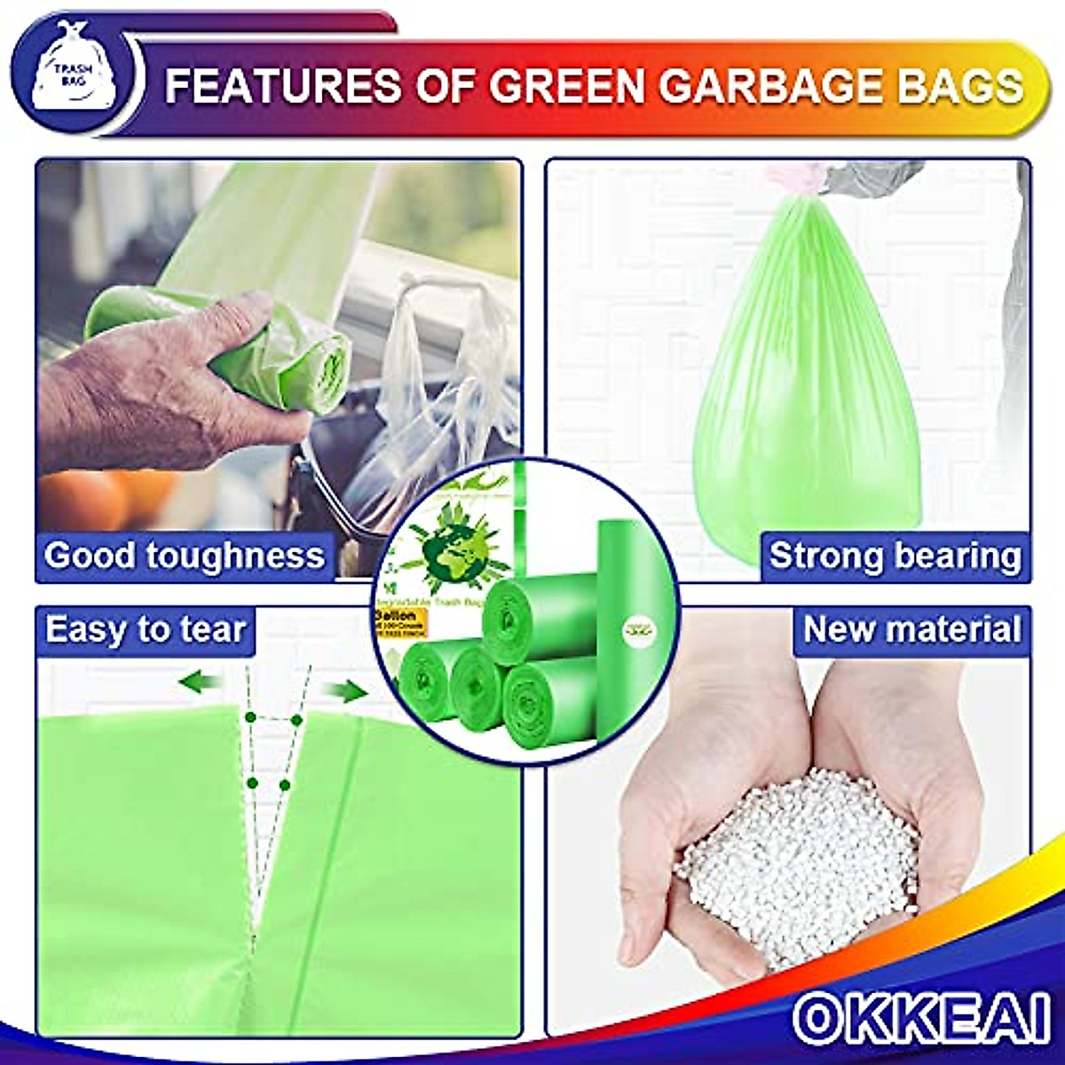 OKKEAI 3 Gallon Small Trash Bags 100 Counts Small Trash Can Liners Garbage Bags Mini 10L Wastebasket Bin Liners Bags for Bathroom Kitchen Bedroom Living Room Office,Green