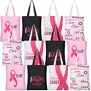 Silkfly 12 Pcs Breast Cancer Awareness Gift Canvas Tote Bags with Handles Pink Ribbon Bags Reusable Grocery Shopping Party Cloth Handbags Washable Craft, 13.78 x 15.75 In