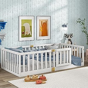Tatub Twin Floor Bed with Safety Guardrails and Door, Montessori Floor Bed for Kids, Wood Kids Floor Beds Frame, Door Can Install Left and Right, Twin-White
