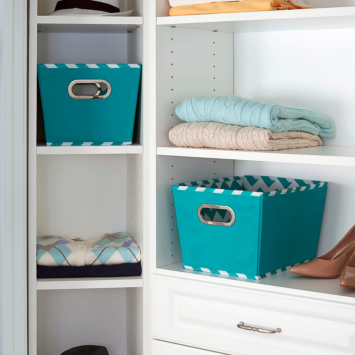 Household Essentials 70-1 Small Tapered Decorative Storage Bins | 2 Pack Set Cubby Baskets | Aqua Chevron