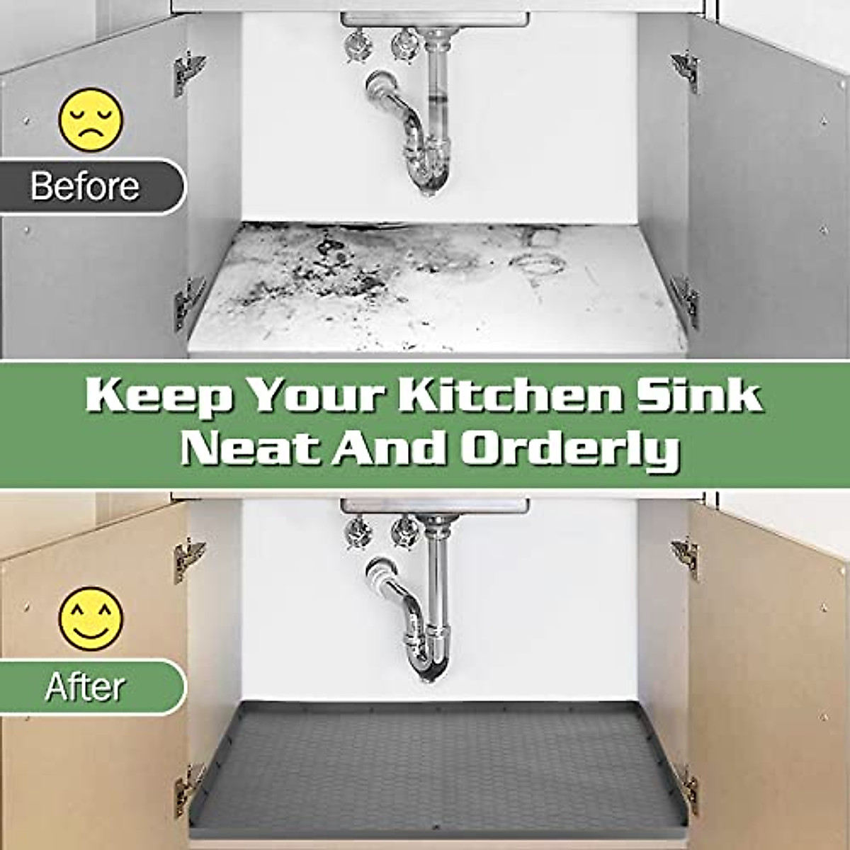 Under Sink Mat for Kitchen, 28" x 22" Silicone Waterproof Moistureproof Shelf Liners Under Sink Liner with Drain Hole, Organizers Fits 30'' Base Cabinets Kitchen Bathroom Cat Litter Box Mat Gate Mat
