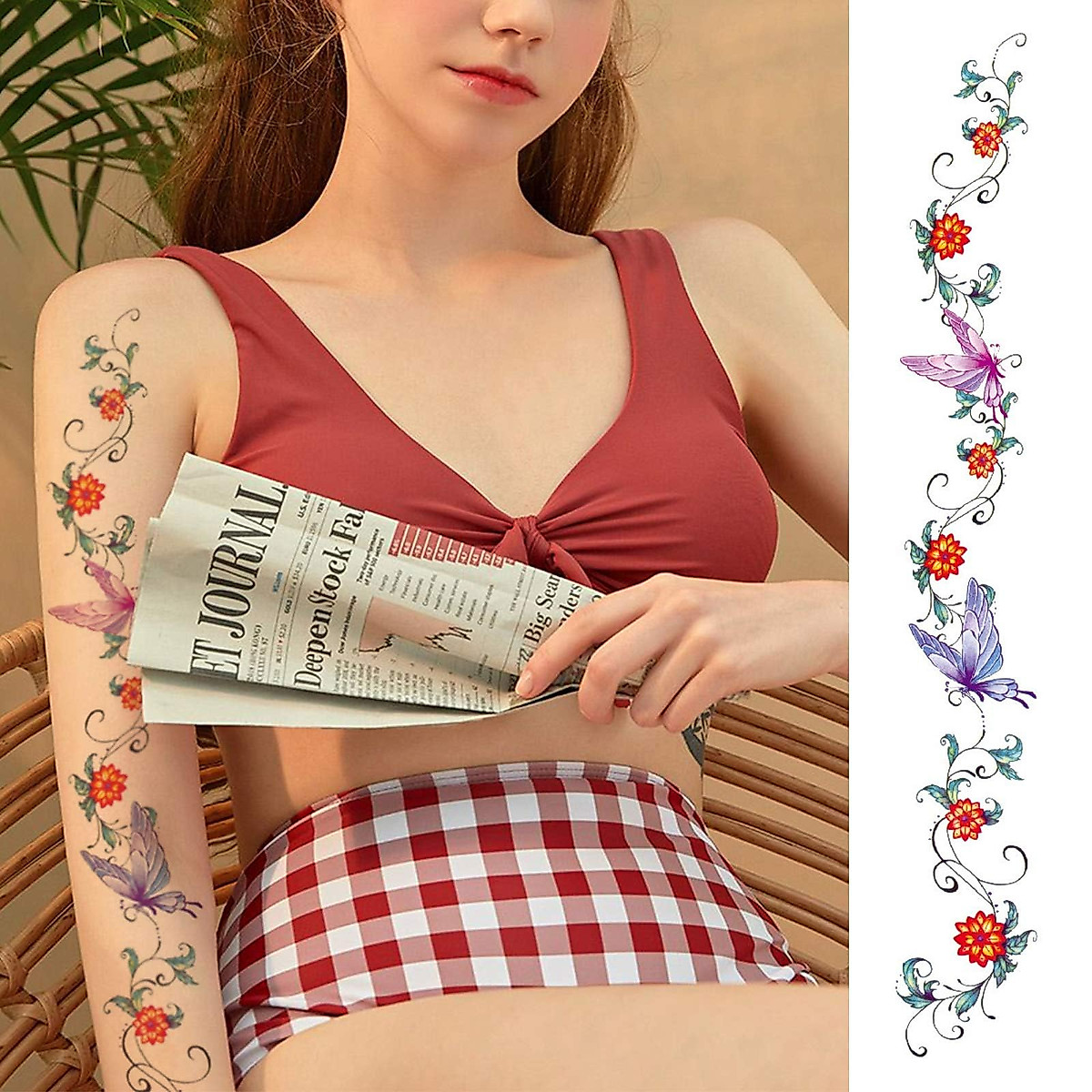 CARGEN Sexy Flower Temporary Tattoos - 10 Sheets Realistic Sexy Flowers Vine Butterfly Long Back Sleeves Tattoos for Women Girls Makeup Fake Tattoo Great for Waist Belly Back Spine Arm Leg Collarbone