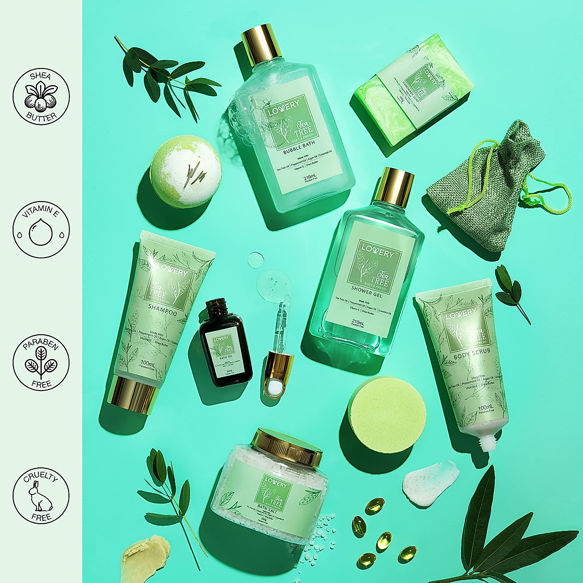 Tea Tree Bath Set - Luxury Home Spa Set with Calming Mint Fragrance – 15 pc Relaxation Gift Basket with Tea Tree Bath Oil,Shower Gel, Bubble Bath, Handmade Soap, Steamer Tablet, Potpourri & More