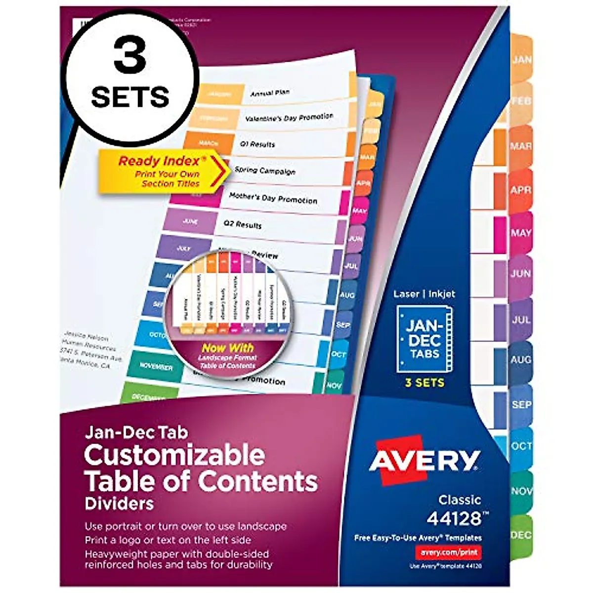 Avery Jan-Dec 12 Tab Dividers for 3 Ring Binders, Customizable Table of Contents, Multicolor Tabs, 3 Sets (44128)
