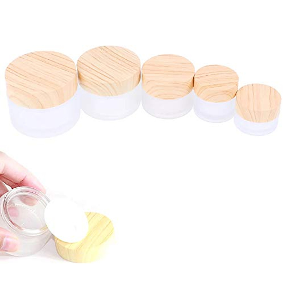 5 Pack 5g/10g/15g/30g/50g Frosted Glass Cream Jar,Empty Makeup Cosmetics Container Jar Pot With Wood Grain Lid for Face Cream Cosmetic Eye Shadow-FREE 5 Plastic Pick Stick