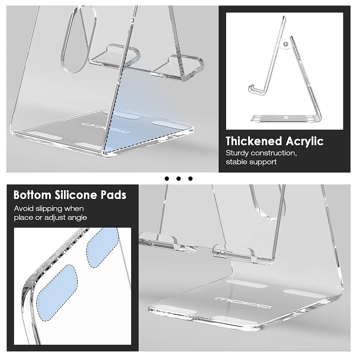 MoKo Acrylic Tablet Stand, Adjustable Angle Phone Stand for Desk, Fit with iPhone 16/Pro/Pro Max/Plus, iPhone 15/Pro/Pro Max/Plus, iPhone 14/Pro/Pro Max/Plus, iPhone 13/Pro/Pro Max/Plus, Clear