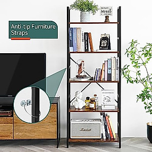 Yoobure 5 Tier Bookshelf - Tall Book Shelf Modern Bookcase for CDs/Movies/Books, Rustic Book Case Industrial Bookshelves Book Storage Organizer for Bedroom Home Office Living Room Brown