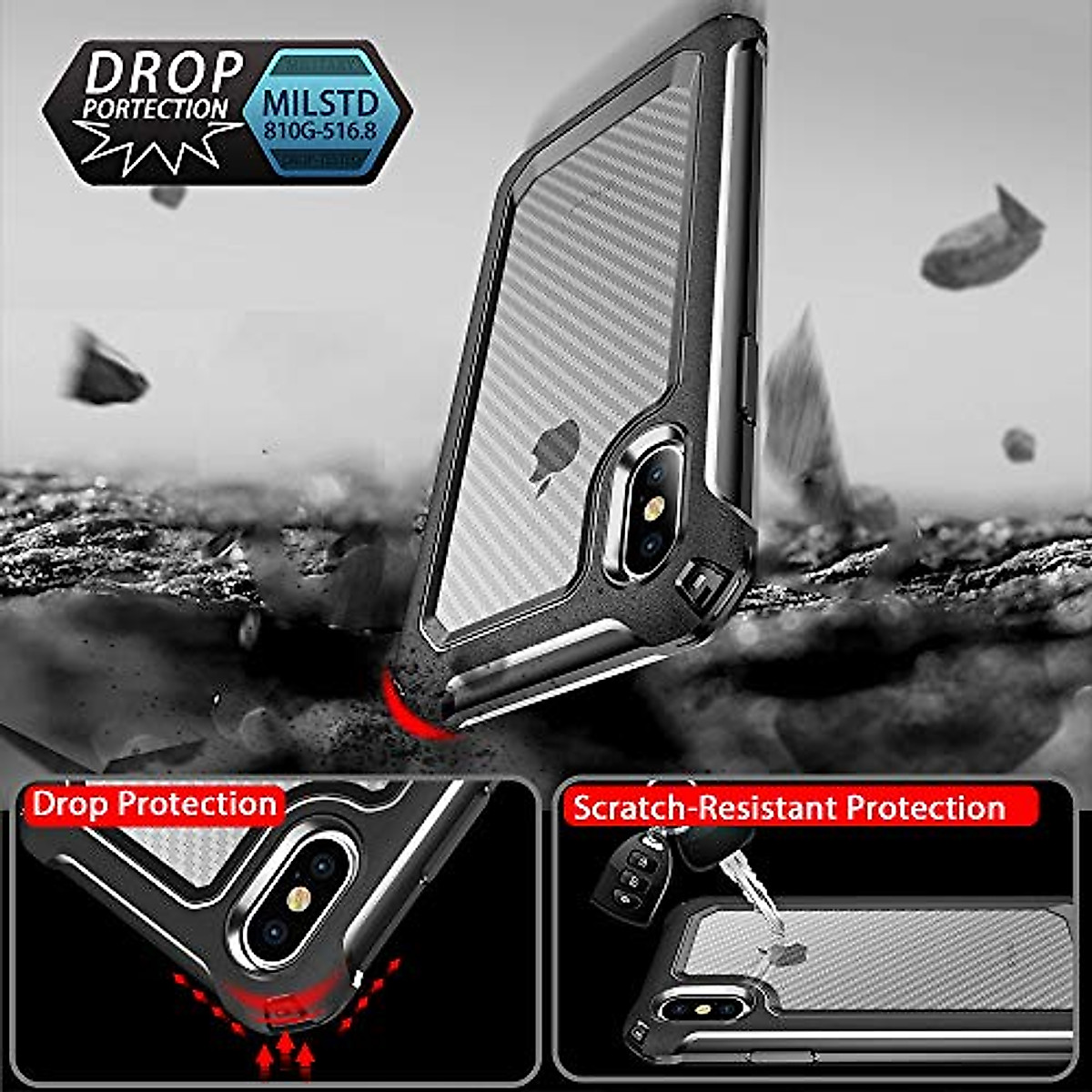 SUPBEC iPhone X Case, iPhone Xs Case with [ Screen Protector Tempered Glass x2Pack] Protective Phone Cover with Silicone PC+TPU Shockproof Rubber Heavy Duty Case for iPhone X/iPhone Xs-Clear Black