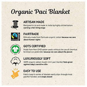 Kishu Baby Indi Organic Paci Blanket - Fairtrade & GOTS Certified 100% Organic Cotton Muslin Mini Baby Blanket with Snap to Secure Baby Pacifier - Pacifier Not Included (Lavender)