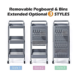 KINGRACK 3-Tier Rolling Cart, Metal Utility Cart with Pegboard, Storage Trolley Organizer Serving Cart with Handle and Extra Baskets Hooks for Kitchen Office Teacher Classroom, Grey