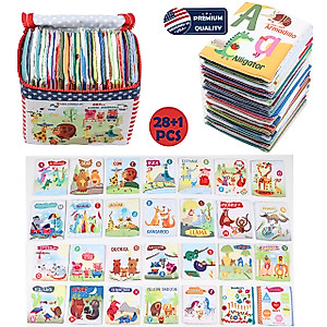 Alphabet Baby Toy Gift, Soft Cloth Alphabet Cards 28PCS, ABC Learning Flash Cards with Bag, Early Educational Learning Toys for Babies Infants Toddlers 1-2 2-4 Years Boys Girls, & Animal Guide Book