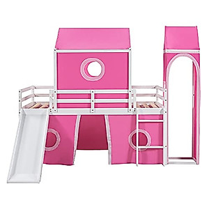 Merax Twin Over Twin House Bunk Bed, Kids Playhouse Bed, Solid Wood bunk Bed Frame with Slide Pink Tent and Tower, for Girls and Boys, Pink
