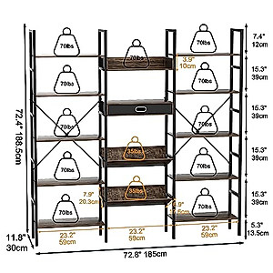 Industrial Style Wood Bookshelf, Triple 5 Tiers Bookshelf with Metal Frame, Rustic Book Shelves Display Shelf for Home Office, Etagere Large Open Bookshelf for Bedroom Living Room, Vintage Brown