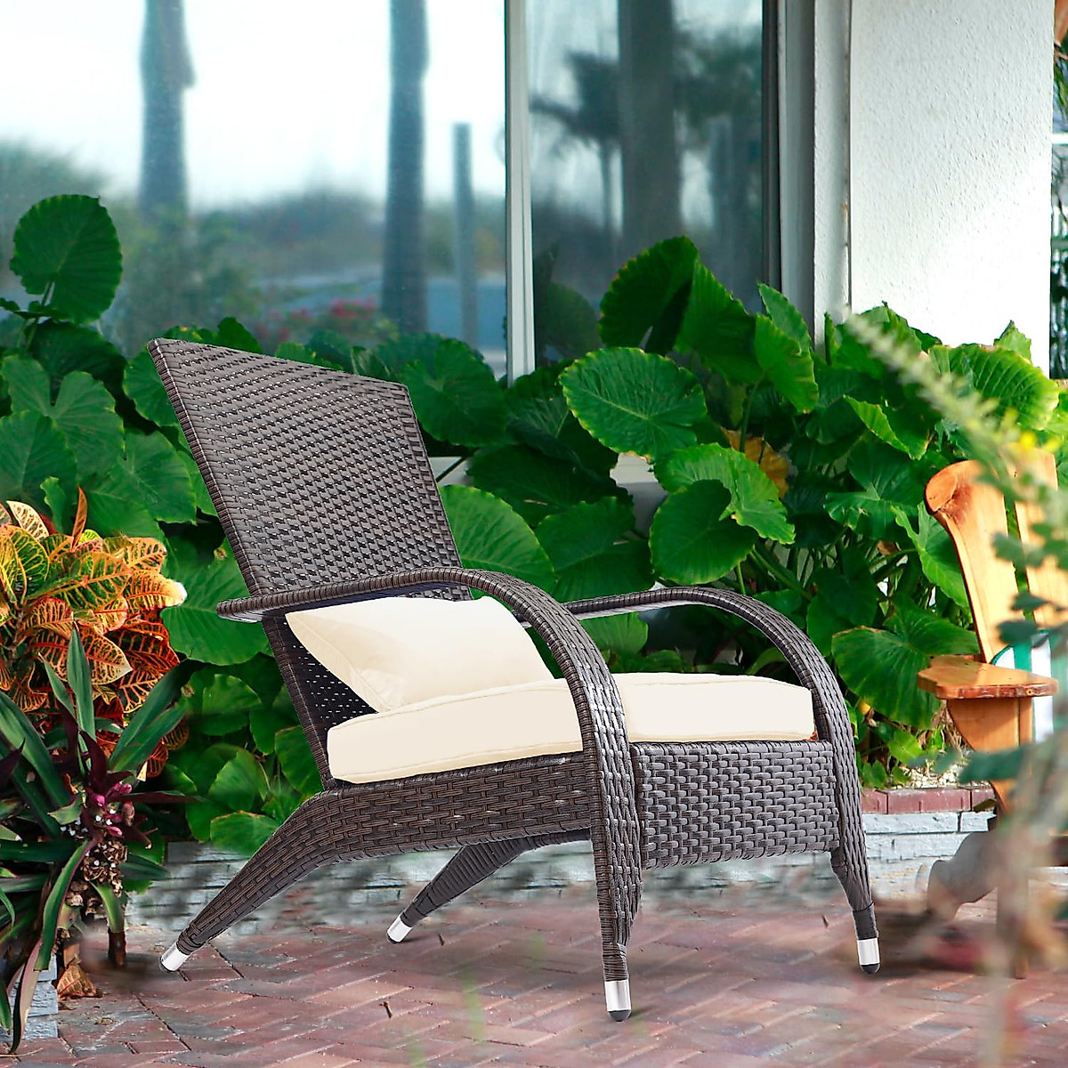 Adirondack Chairs Set 2 Outdoor Wicker Rattan Fire Pit Chairs Oversized Comfy Relax Accent Patio Chairs with Soft Cushion Low Deep Seating Tall Curved Backrest for Outside Backyard Deck Porch Cream