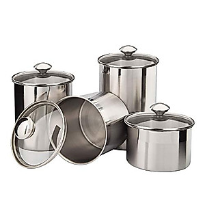 nu steel Canister Set Collection 4 Piece S/Steel Food Storage Container with Tempered Glass Lids for Kitchen Counter, Coffee, Tea, Etc, Small, Shiny Mirror