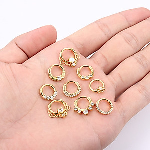Drperfect 9PCS 16G Septum Rings Opal Daith Earrings Hoop Nose Rings 316L Stainless Steel CZ Cartilage Helix Tragus Earrings Septum Clicker Piercing Jewerly Gold Tone 8MM