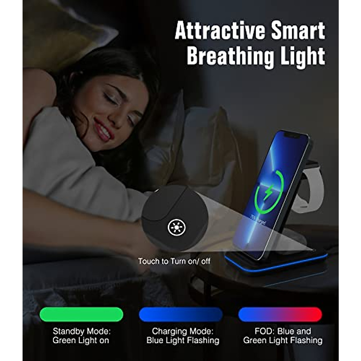 MoKo 15W Qi Fast Charging Station, 3 in 1 Wireless Charger Stand Foldable Charger Dock Compatible with iPhone 13/12/SE/Pro/11/XS/XR/X/AirPods 3/2/Pro/Apple Watch SE/7/6/5/4/3/2/Samsung Galaxy, Black