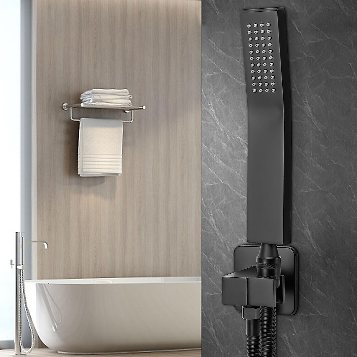 NearMoon Modern Square Style Brass Handheld Shower Head with 5ft Stainless Steel Hose, Matte Black, 2-Year Warranty