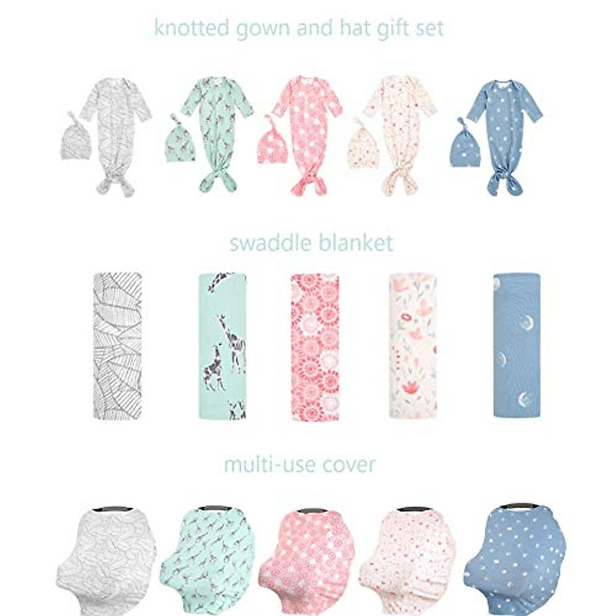 aden + anais Comfort Knit Knotted Newborn Baby Gown and Hat, Super Soft Cotton with Spandex, Infant Gown with Fold Over Mitten Cuffs, 2 Piece Set, 0-3 Months, Blue Moon