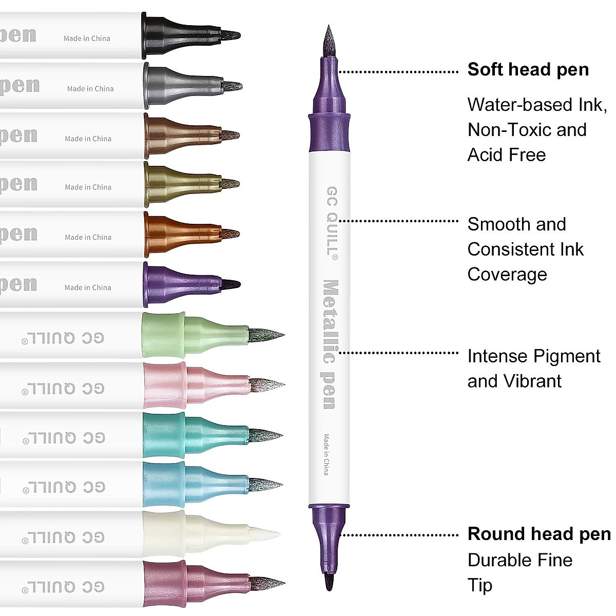 GC QUILL 12 Colors Metallic Marker Pens - Dual Tip Brush and Fine Point Pens for DIY Album, Black Cards, Scrapbooking, Craft Supplies, on Ceramic, Stone, Glass, Fabric GC-MP12