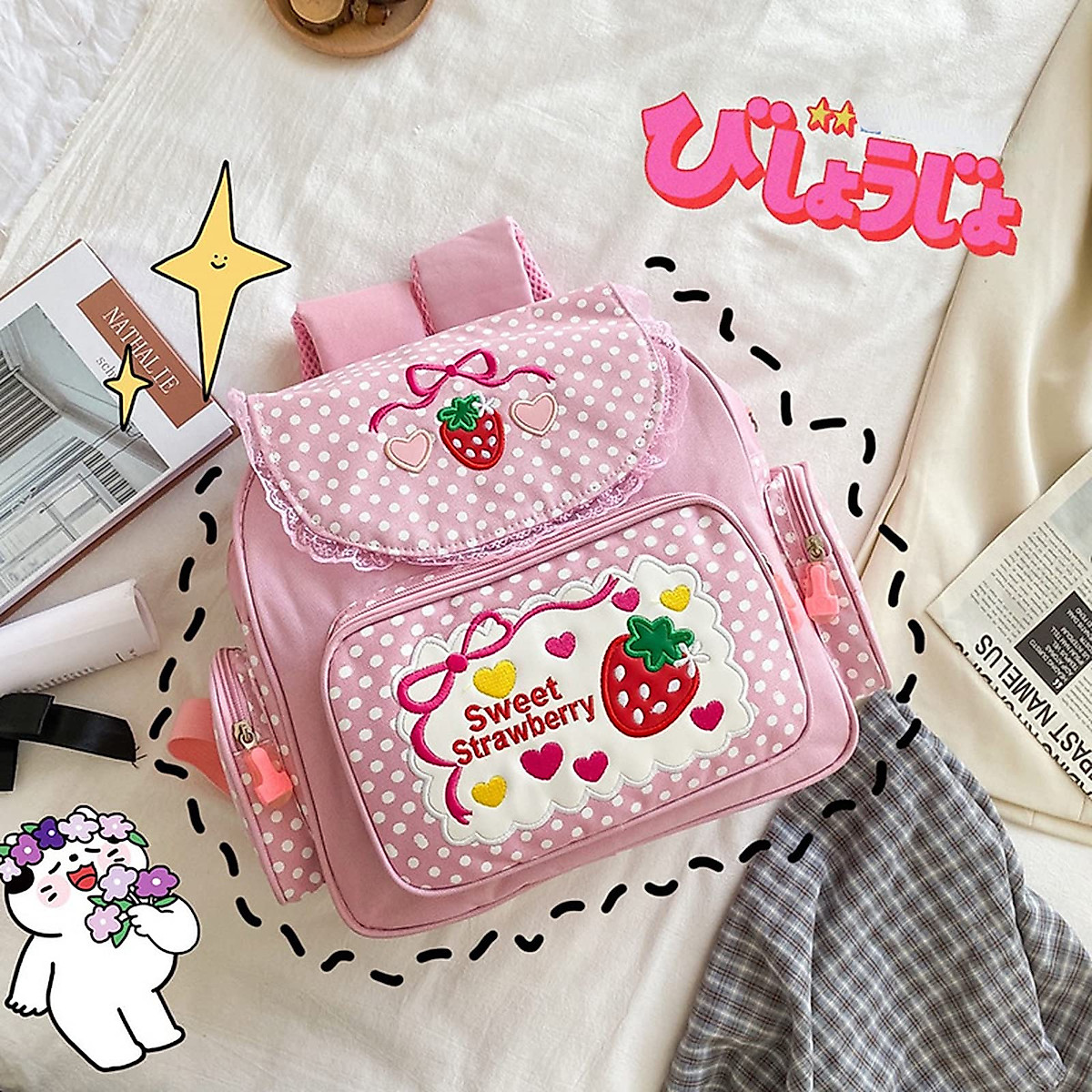Aobiono Kawaii Strawberry Backpack Mini Cute Anime Aesthetic Pink Lace Polka Dot Small Bookbag Japanese Cartoon Fruit Bag