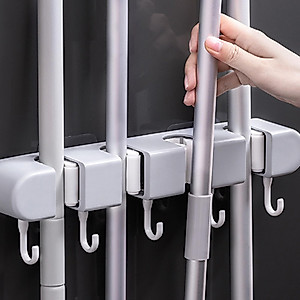 Broom and Mop Holder Wall Mount, 5 Hooks and 4 Slot, Adhesive Garden Tool Rack Organizer for Closet Garage Laundry Room, Anti-Slip Hanger for Brooms, Mops, Rakes, Dustpans, 13 x 2.2 x 1.8 inches