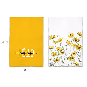 QODUNG Hello Sunshine Summer Spring Soft Kitchen Towels Dishcloths 16x24 Inch Set of 2,Hand Drawn Daisy Flower Drying Cloth Hand Towels Tea Towels for Kitchen