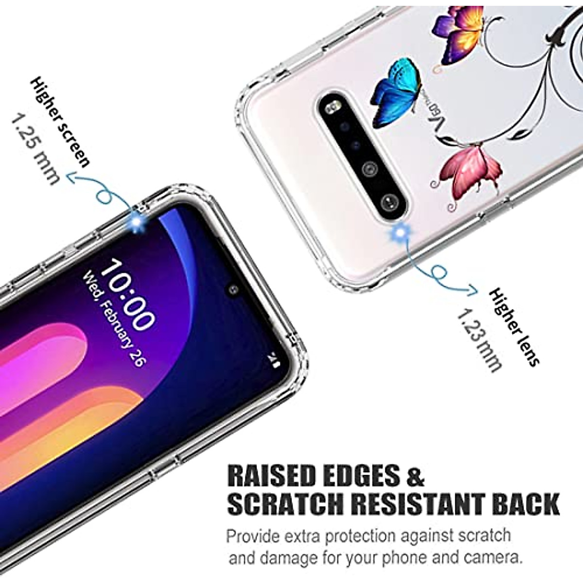 Ueokeird Case for LG V60 ThinQ 5G Case/LG V60/LM-V600 Case with Tempered-Glass Screen Protector, Cute Clear Butterfly Pattern Full Body Protective Phone Cover Cases for LG V60 ThinQ (Butterfly Tree)