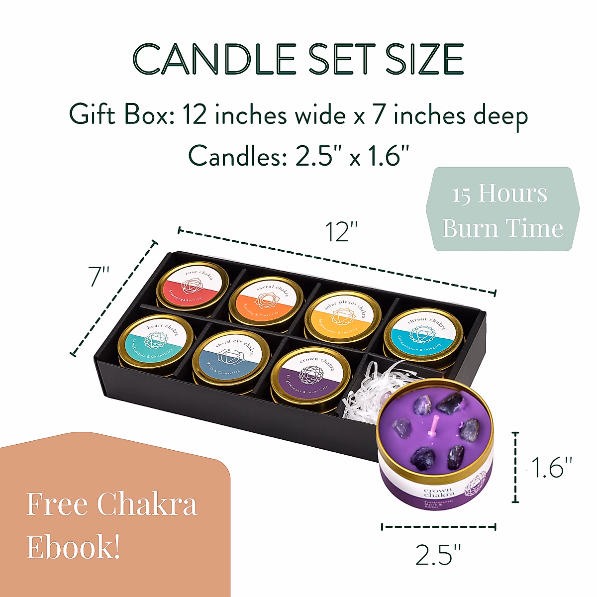 Chakra Candle Box Set of 7 with Crystals Inside | for Aromatherapy, Meditation, Yoga, Reiki and Mindfulness | Gift Box Candles