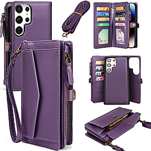 DKDKSIP for Samsung Galaxy S23 Ultra Wallet Case for Women, [Wireless Charging] [RFID Blocking] [12 Card Holder], Leather Detachable Magnetic Strap Phone Case for Galaxy S23 Ultra 6.8", Purple