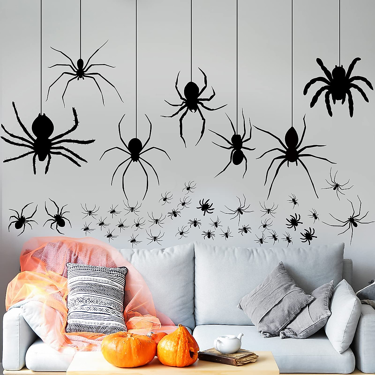 Thenshop 209 Pieces/4 Sheets Halloween Spider Stickers Large Spider Stickers Spider Style Wall Decal Removable Scary Spider Stickers Halloween Wall Clings for Halloween Party Wall Home Room Decors